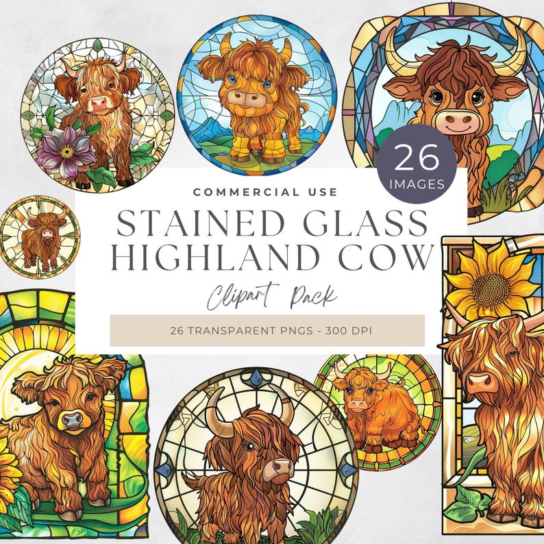 Highland Cow Stained Glass PNG, Digital Download Clipart, Sublimation ...