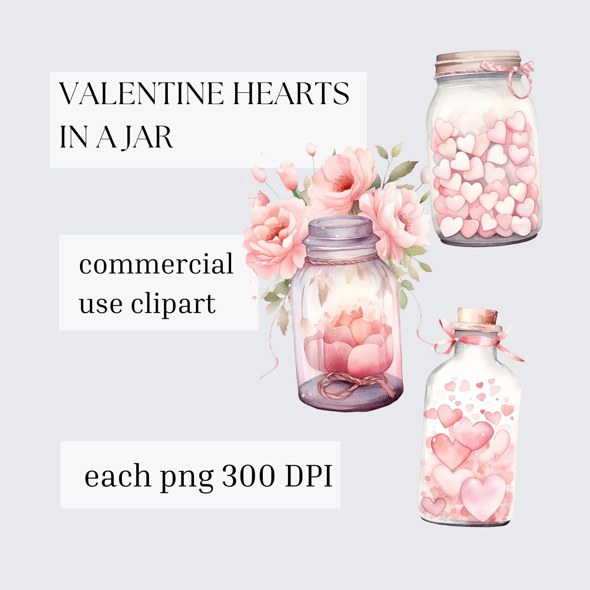 Valentine Hearts in a Jar Clipart, Valentines Day Clipart, Watercolor ...