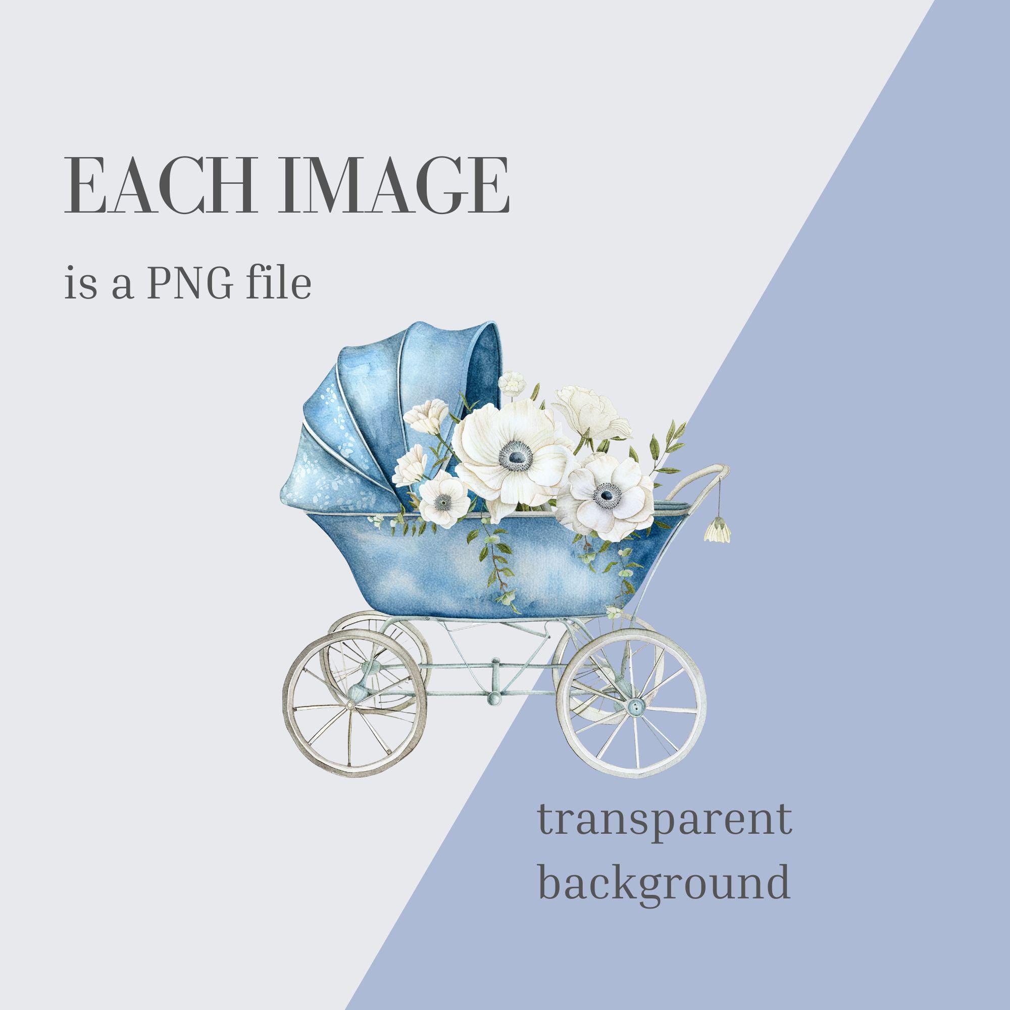 Baby Carriage Flower Clipart, Vintage Watercolor PNG for Baby Shower ...