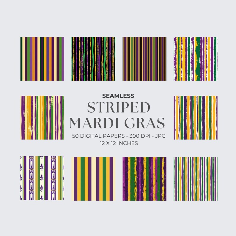 Mardi Gras Clipart Pack, Distressed Background, Striped Seamless ...