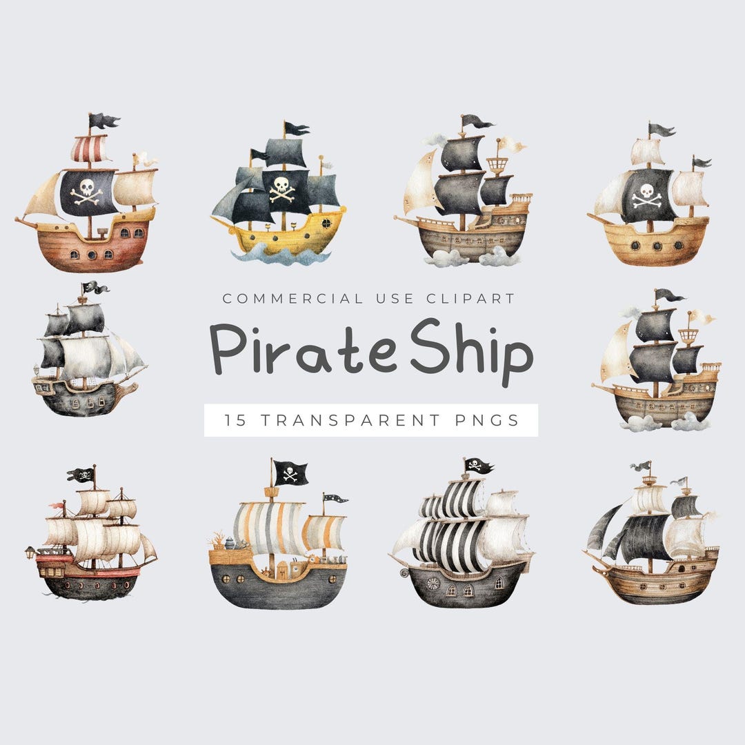 Pirate Ship Clipart, Watercolor Graphics, Digital Download PNG ...