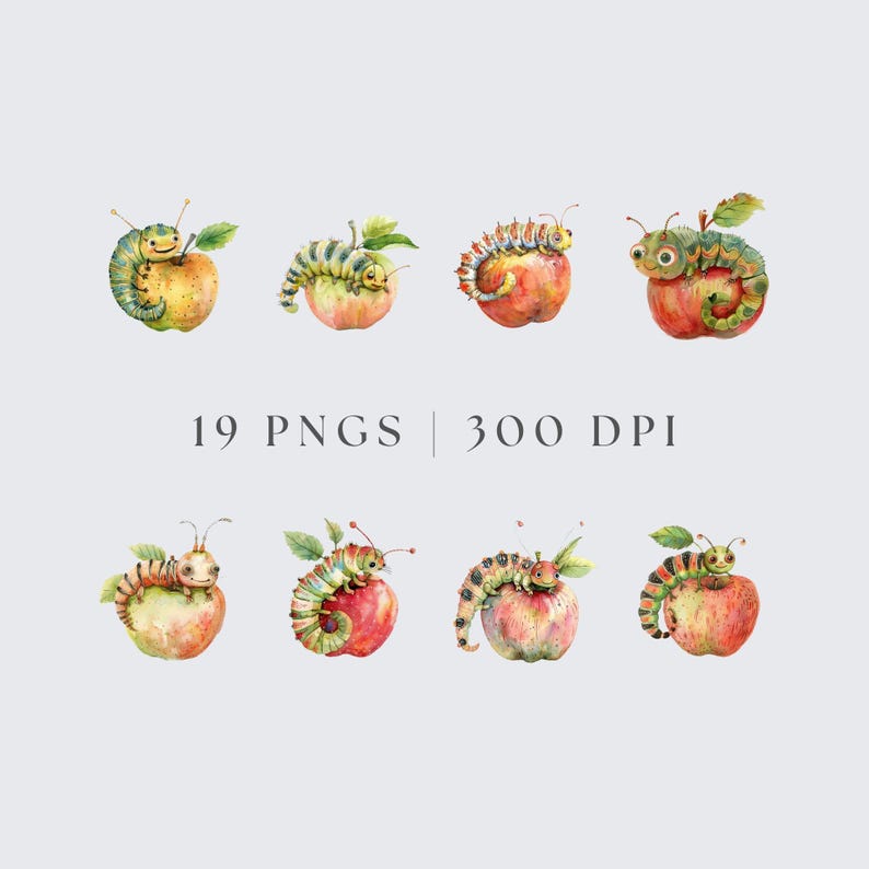 Caterpillar on Apple Clipart, Digital Download, Cute Worm Graphics ...