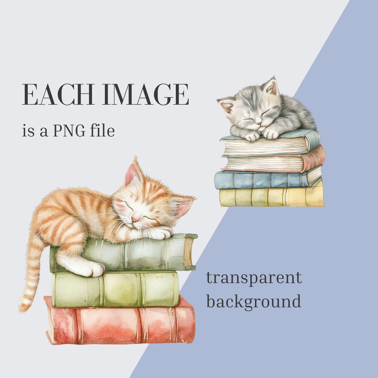 Cat Books Clipart, Sleeping Cat on Books Watercolor Clipart, Cozy ...