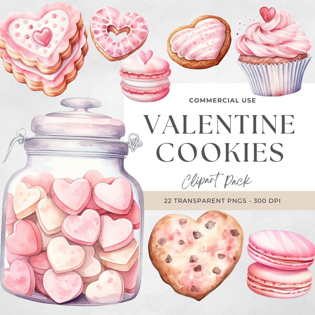Watercolor Valentine's Day Clipart: Heart Cookies & Sweets (PNG Digital ...