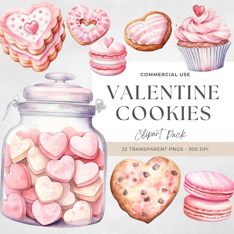 Watercolor Valentine's Day Clipart: Heart Cookies & Sweets (PNG Digital ...