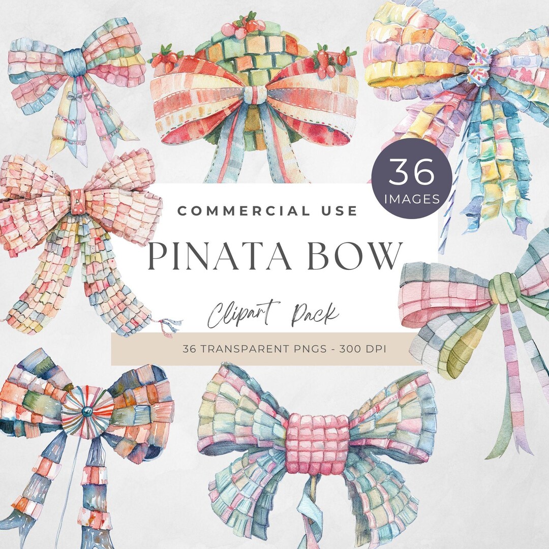Watercolor Pinata Bow PNG: Custom Birthday Party Clipart (digital ...