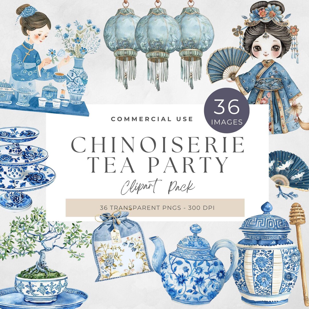 Chinoiserie Tea Party Clipart, Watercolor Teacups, Vintage Graphics ...