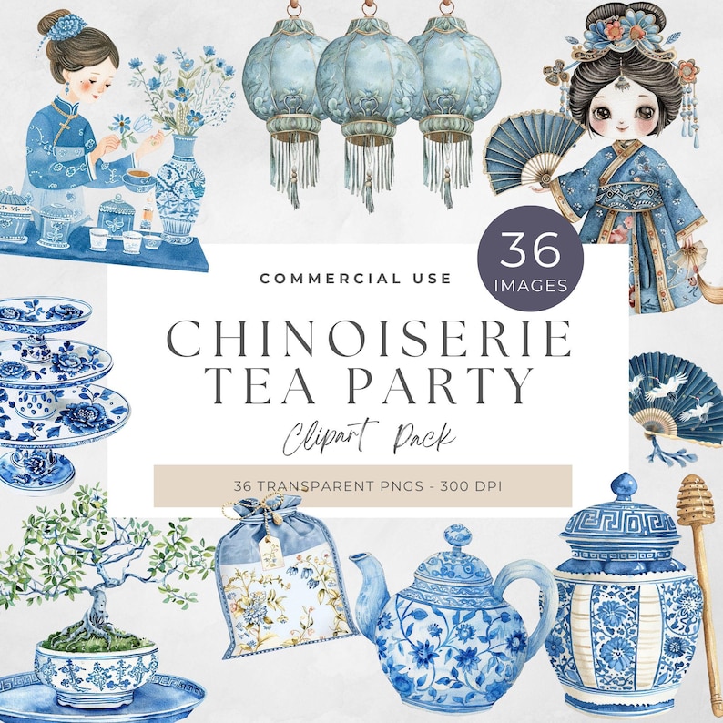 Chinoiserie Tea Party Clipart, Watercolor Teacups, Vintage Graphics ...
