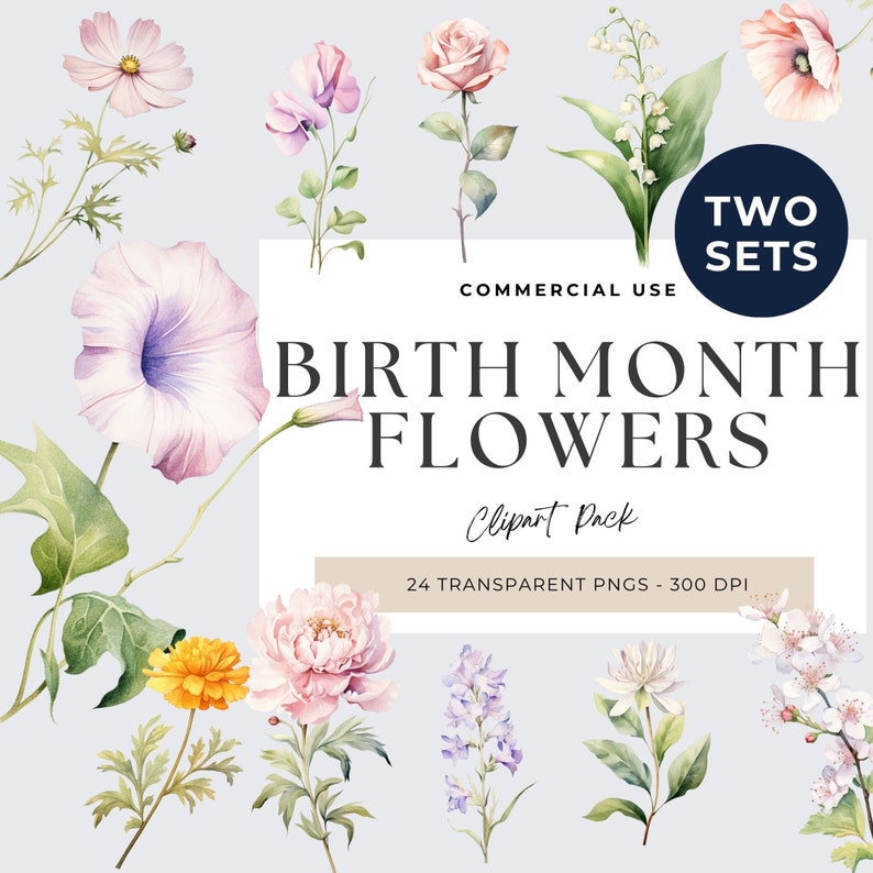Watercolor Birth Month Flower Clipart, Watercolor Birth Month Flower ...