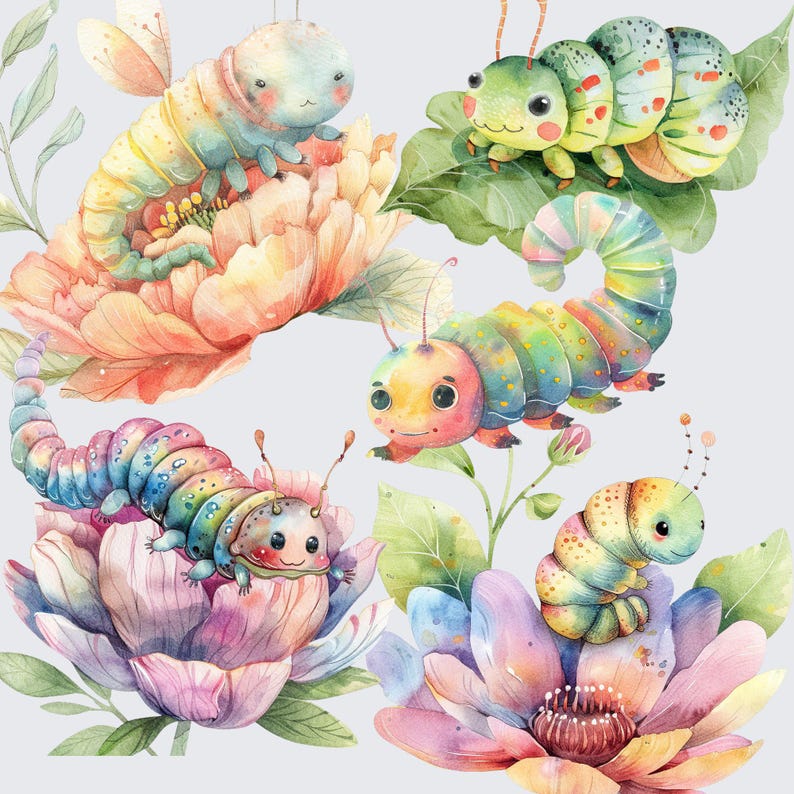Watercolor Caterpillar Clipart, Cute Worm, Cartoon Art, Little ...