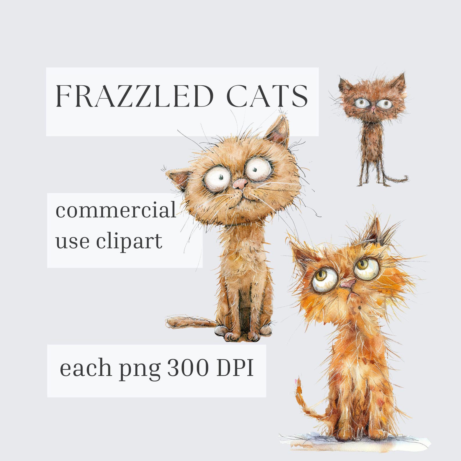 Frazzled Cat Clipart, Quirky Watercolor Illustrations for Scrapbooking ...