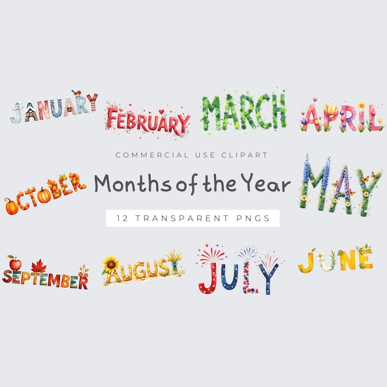 Watercolor Months of the Year Clipart, Seasonal Planner Graphics ...