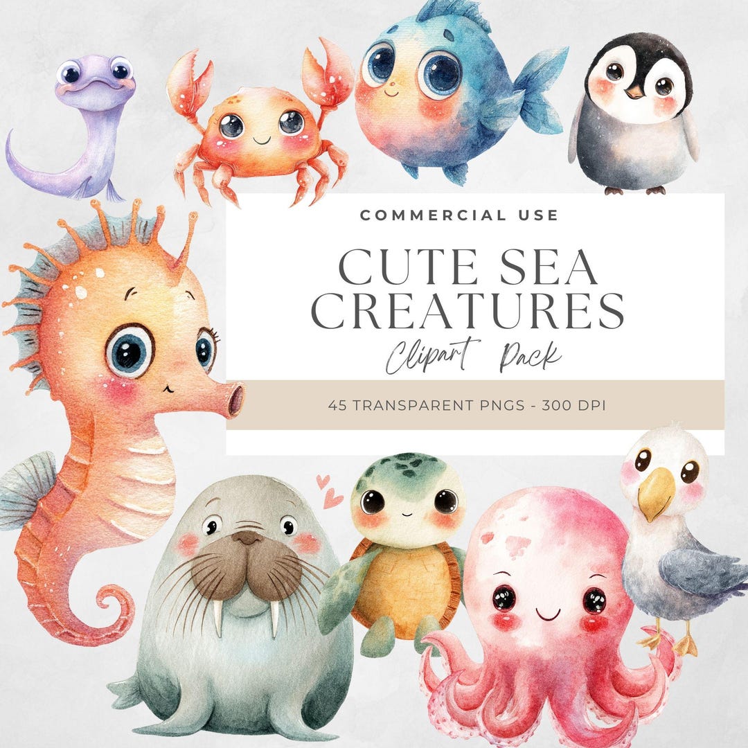 Deep Sea Creatures Clipart, Watercolor Ocean Animals, Digital Download ...