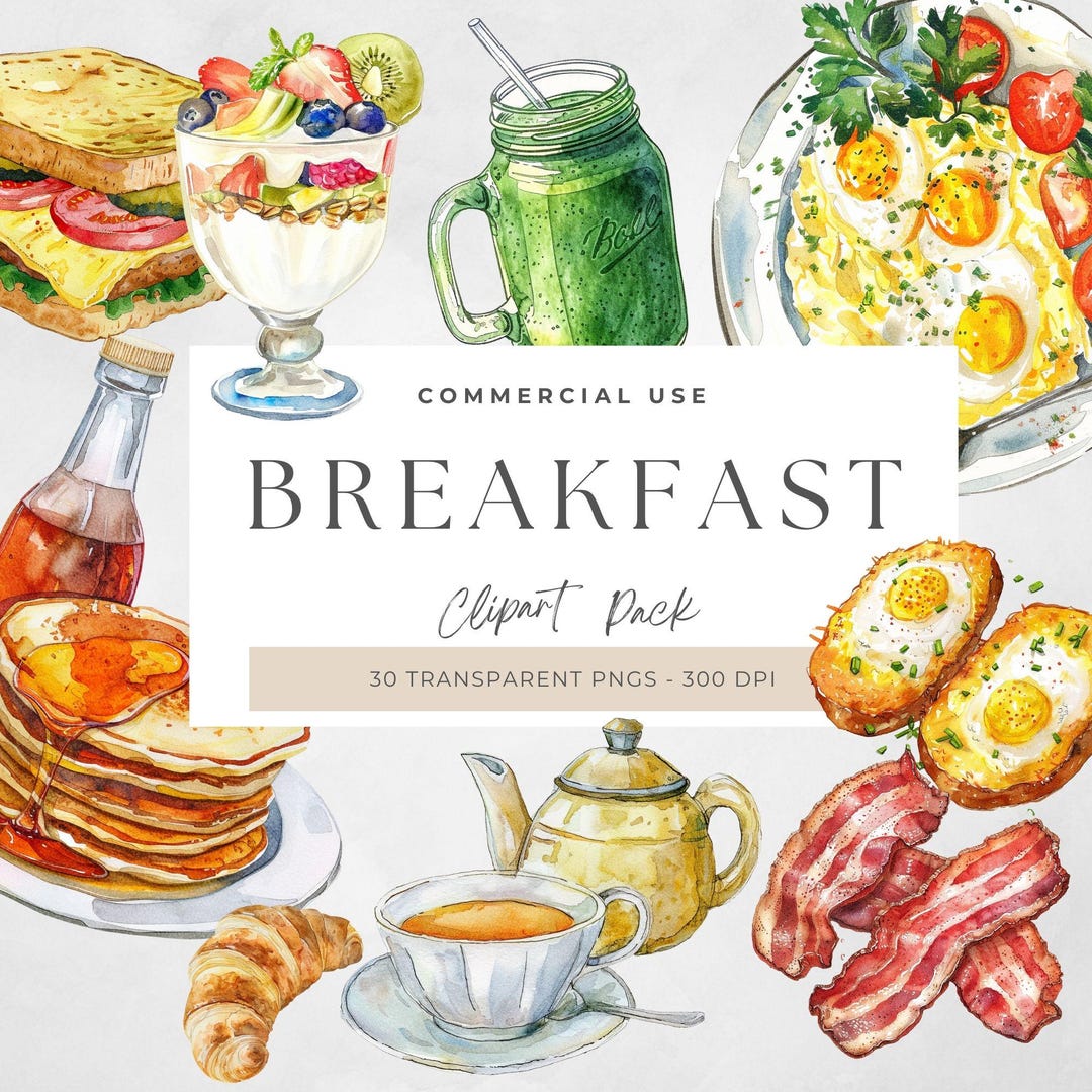 Watercolor Breakfast Foods Clipart, Bacon and Egg Clip Art, Pancakes ...