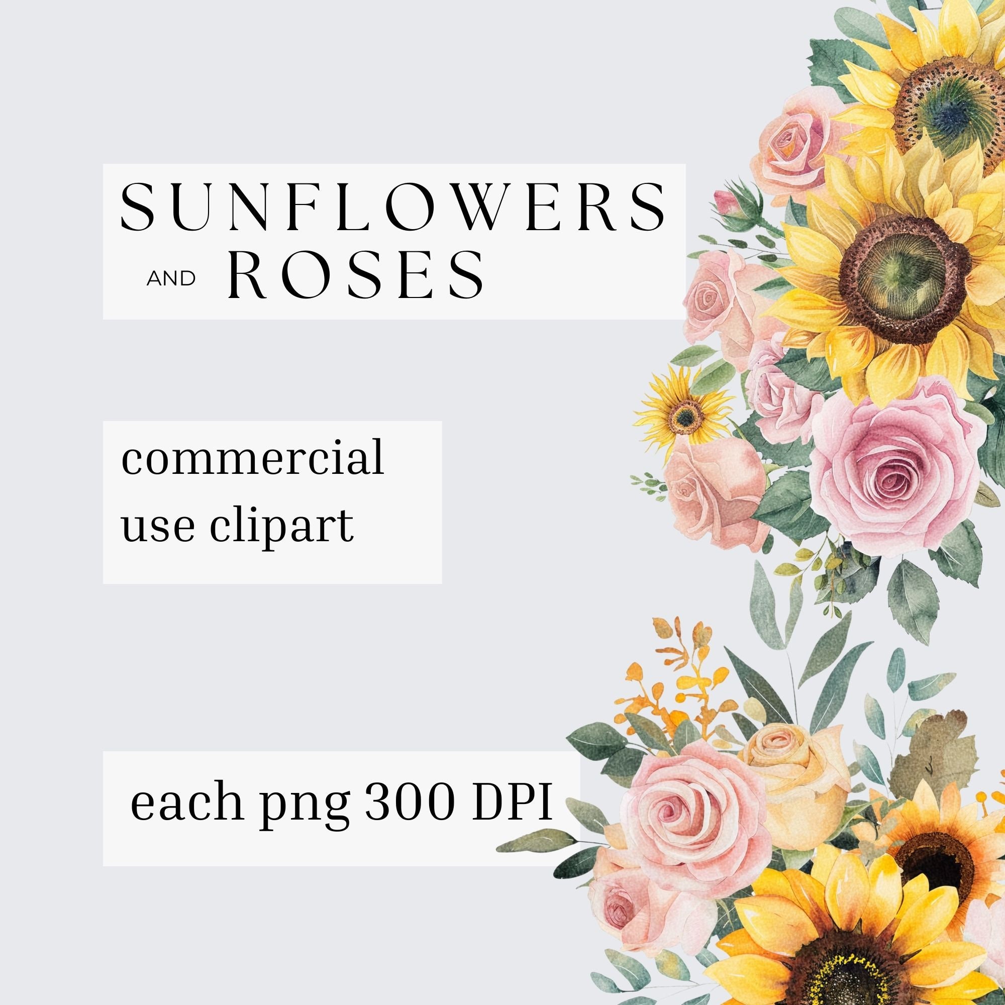 Sunflower and Roses Clipart, Floral Collage, Flower Clip Art, Red Rose ...