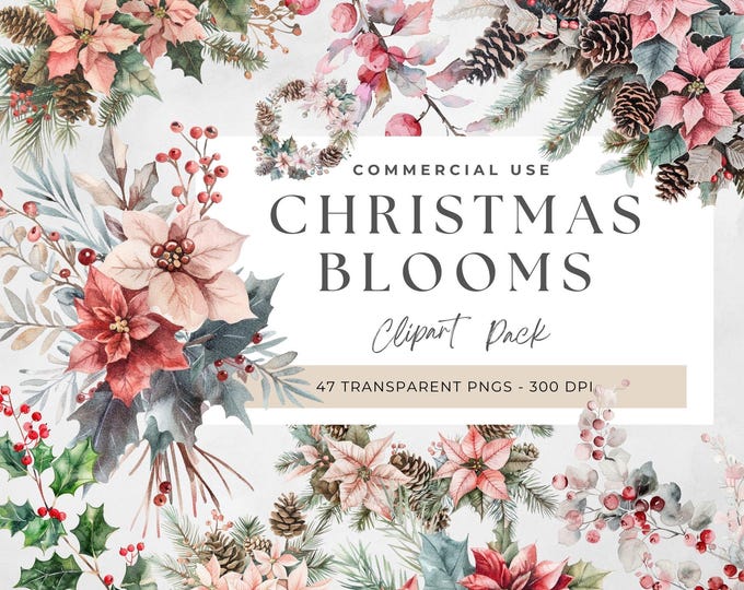 Watercolor Christmas Floral Clipart Bundle, Poinsettia & Lily Bouquet ...