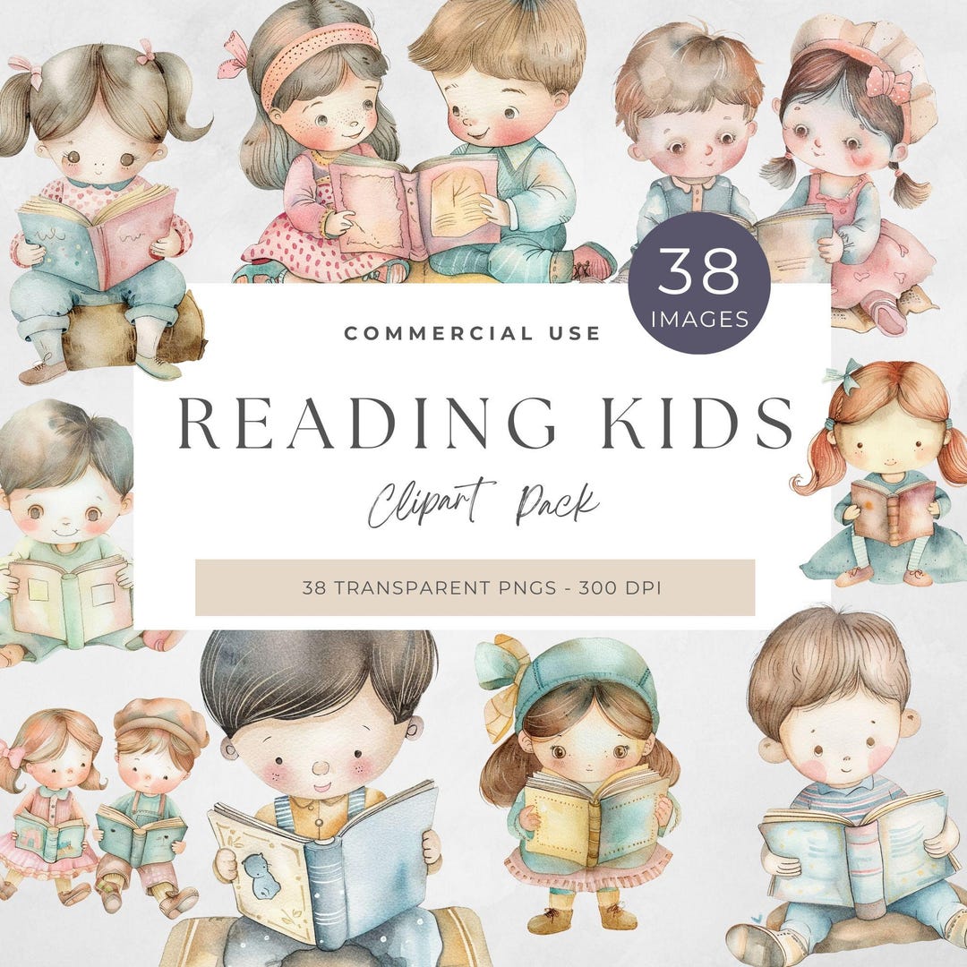 Cute Kids Reading Clipart, Adorable Digital Illustrations for Children ...