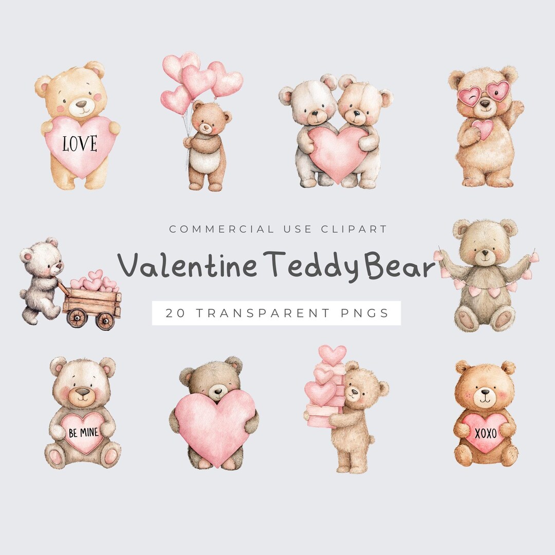 Valentine Teddy Bear Clipart - Cute Watercolor Art for Scrapbooking ...