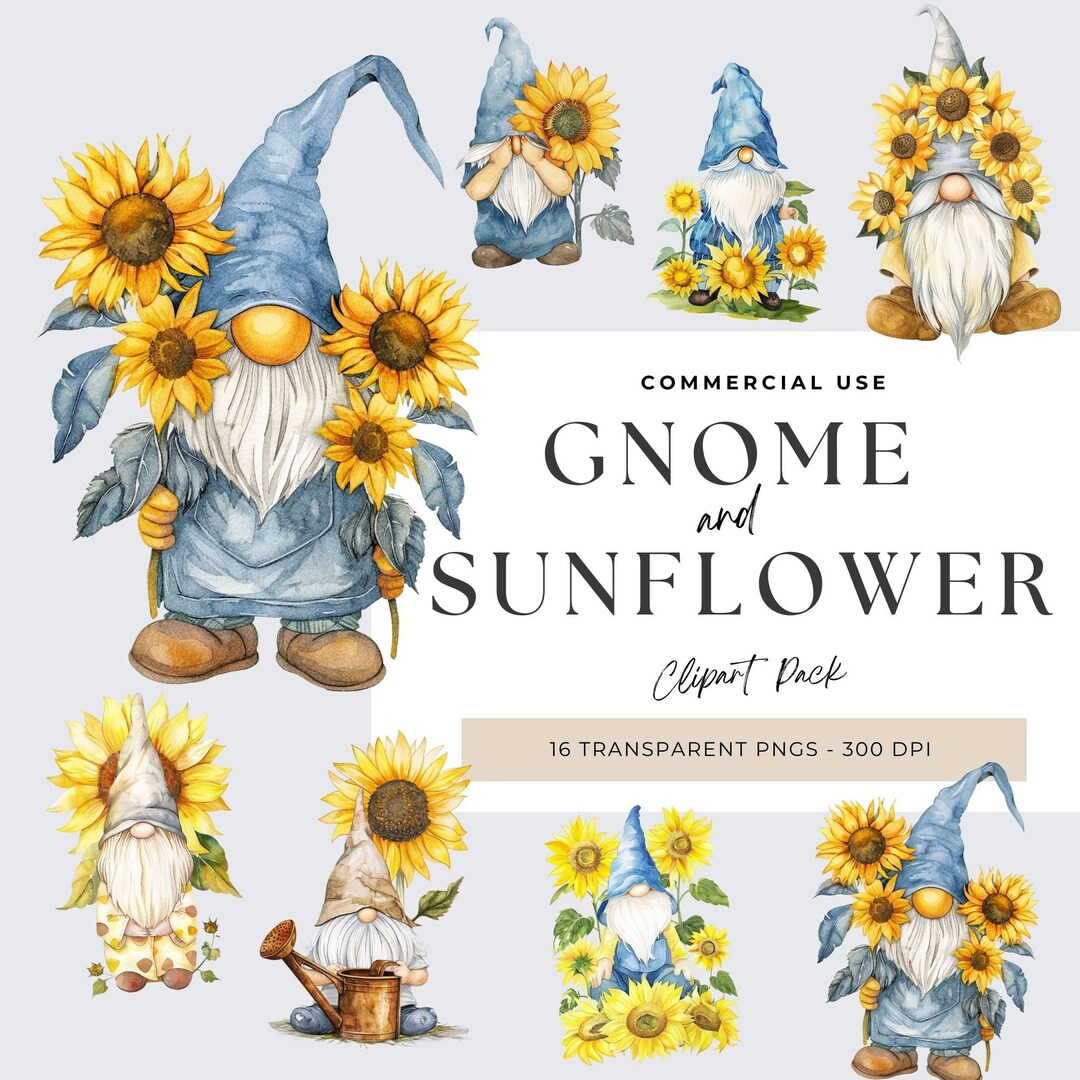 Watercolor Sunflower Gnome Clipart, Spring Garden PNG (digital Download ...