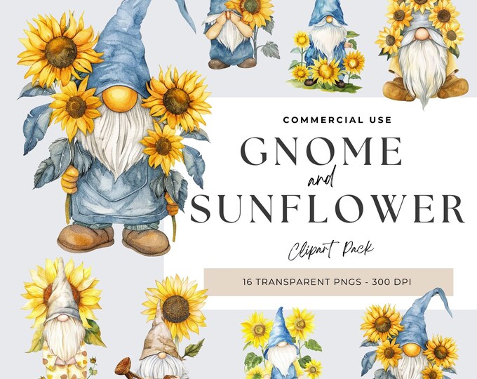 Sunflower Gnomes Watercolor Clipart, Garden PNG (digital Download ...