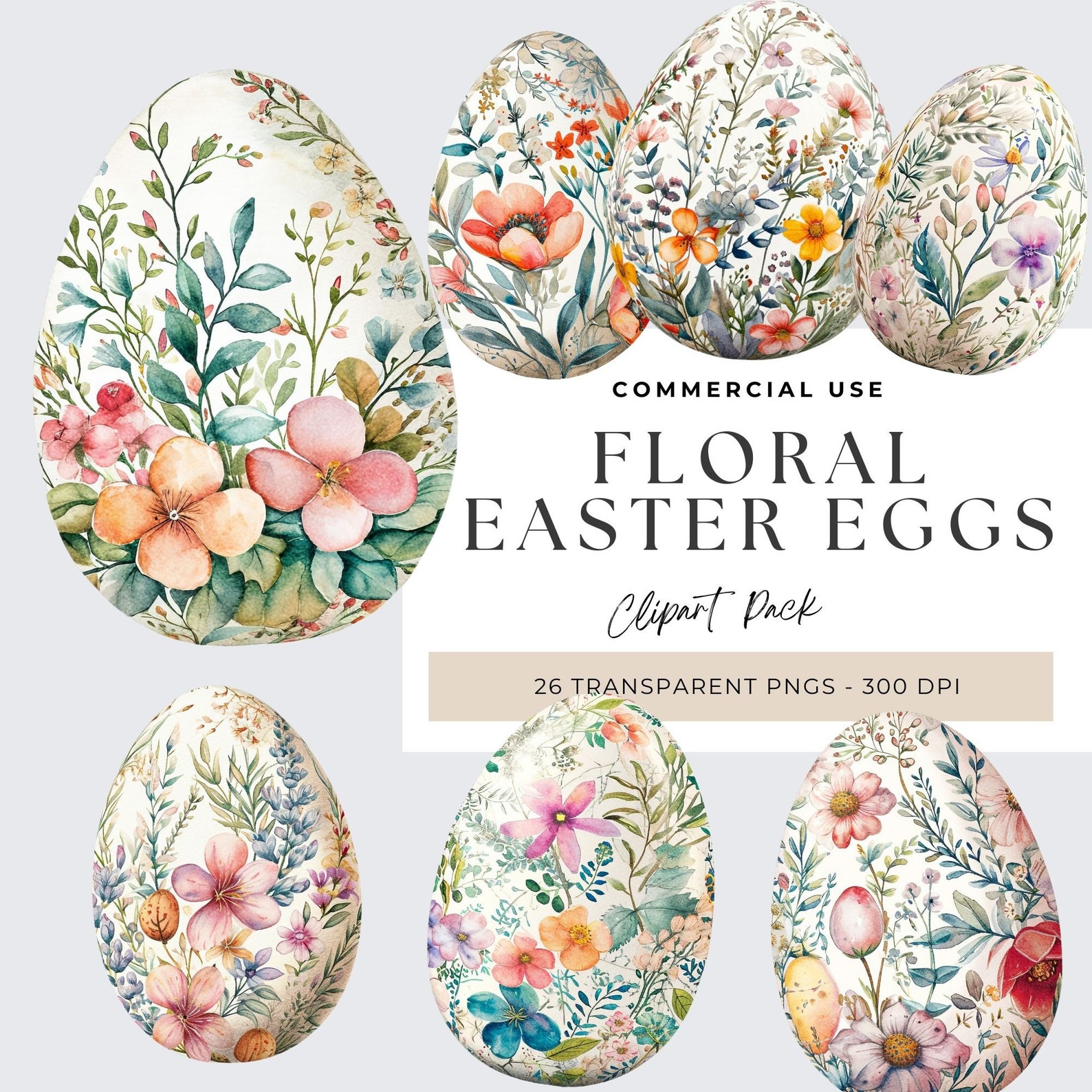 Floral Watercolor Easter Eggs Clipart, Toile Clipart, Greenery Leaves ...