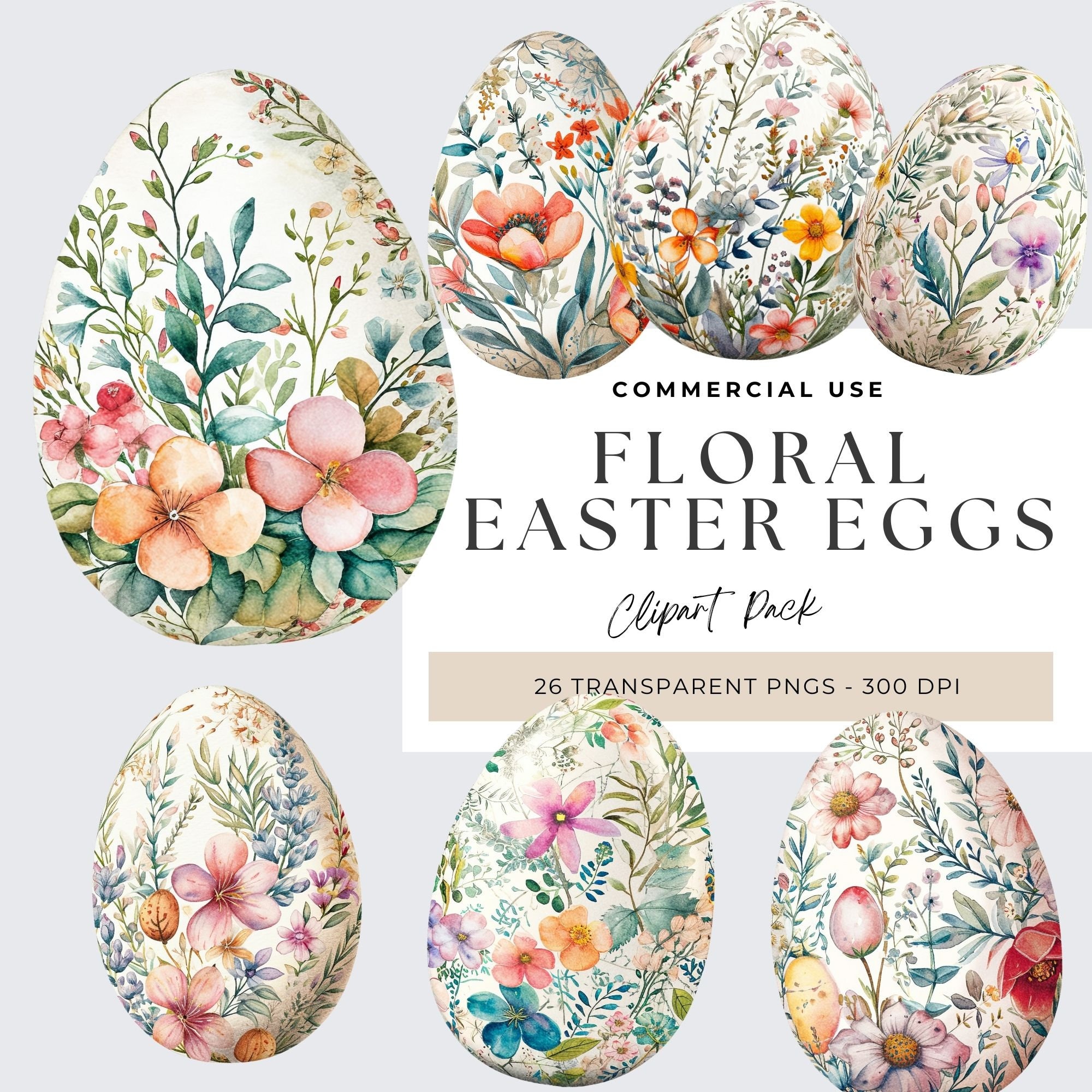Floral Watercolor Easter Eggs Clipart, Toile Clipart, Greenery Leaves ...