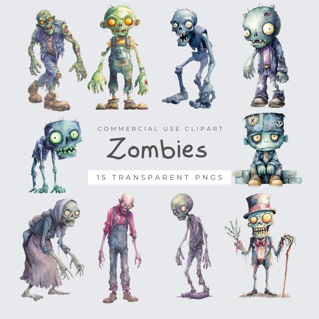 Zombie Clipart Bundle: Creepy Halloween Graphics, Digital Download PNG ...