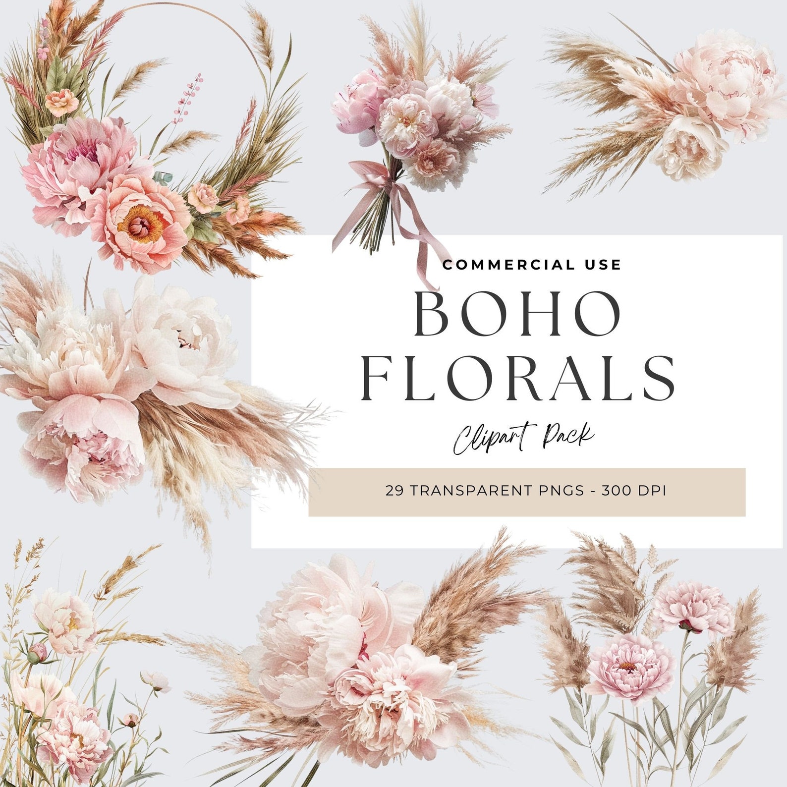 Bohemian Floral Clipart, Pampas Clipart, Bohemian Floral Clipart ...