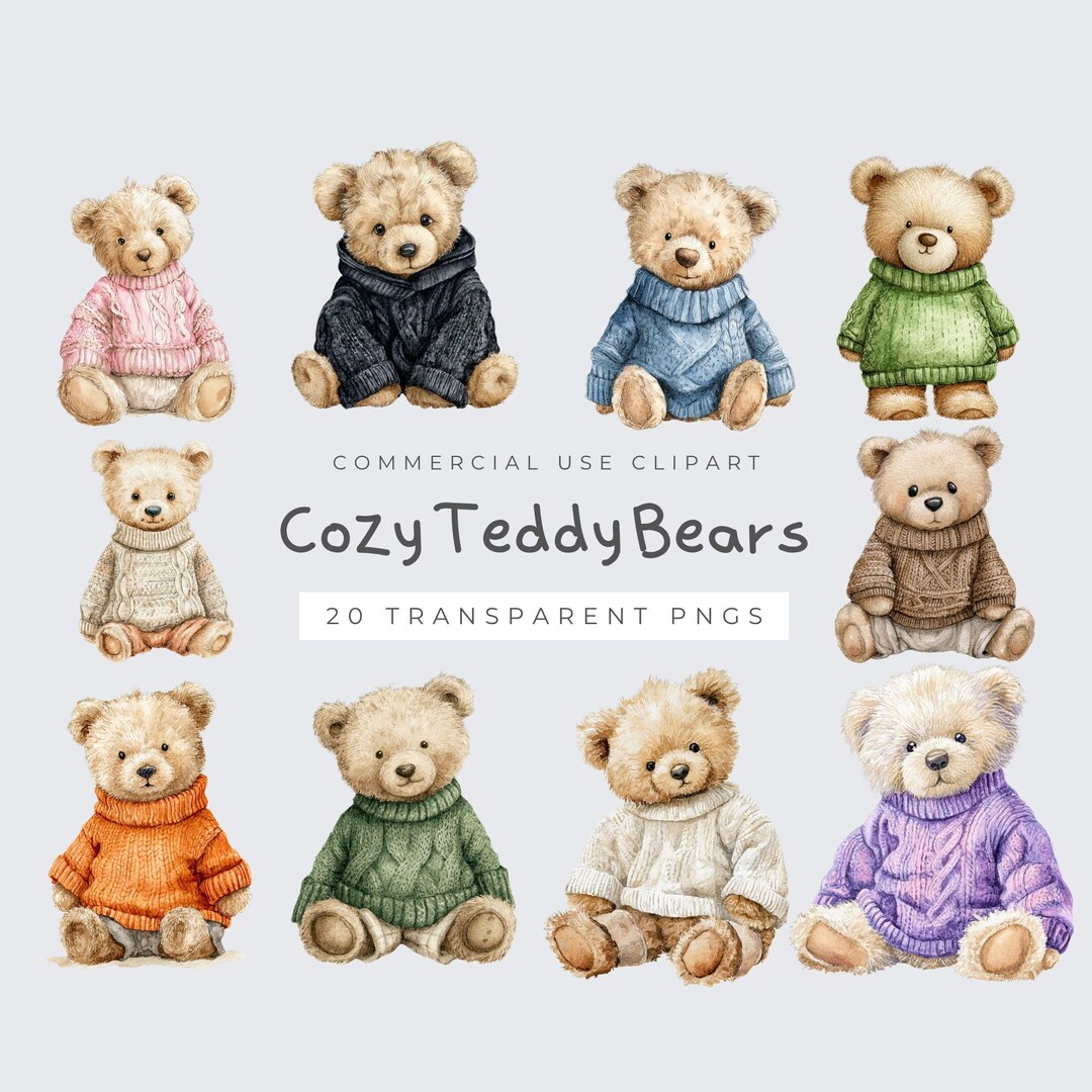 Teddy Bear in Sweater Clipart, Cute Winter Bear PNG, Digital Download ...
