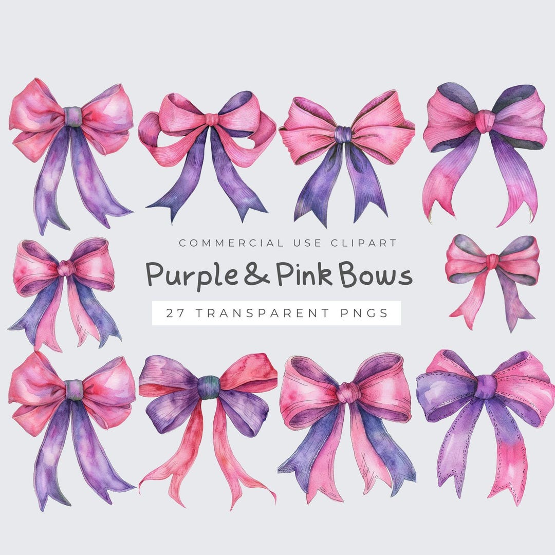 Purple and Pink Bow Clipart, Watercolor Ribbons, Digital Download, Cute ...