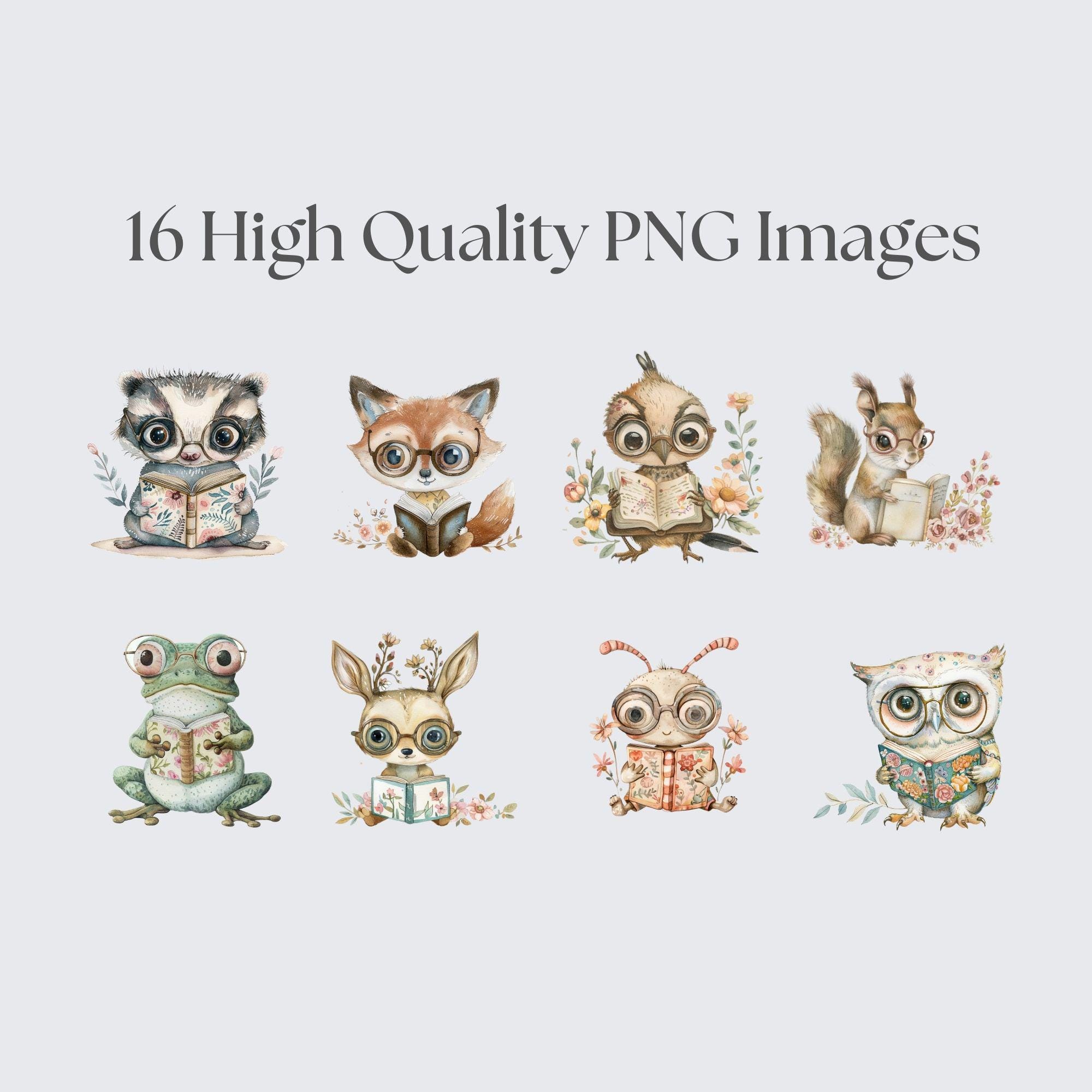 Animals Reading Books Clipart, Cute Woodland Animal Illustrations ...