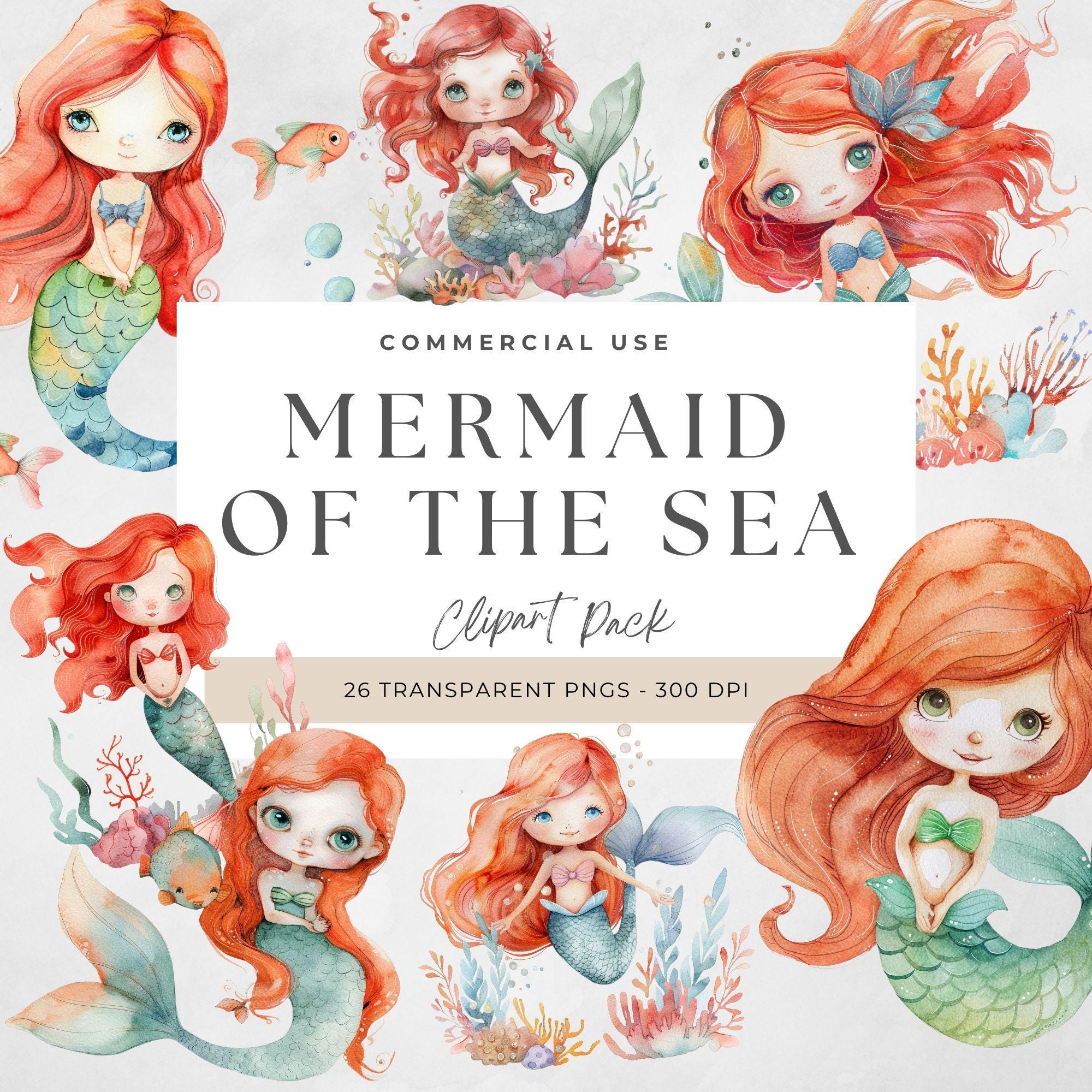 Watercolor Mermaid Clipart: Red Hair, Under the Sea (PNG Digital ...