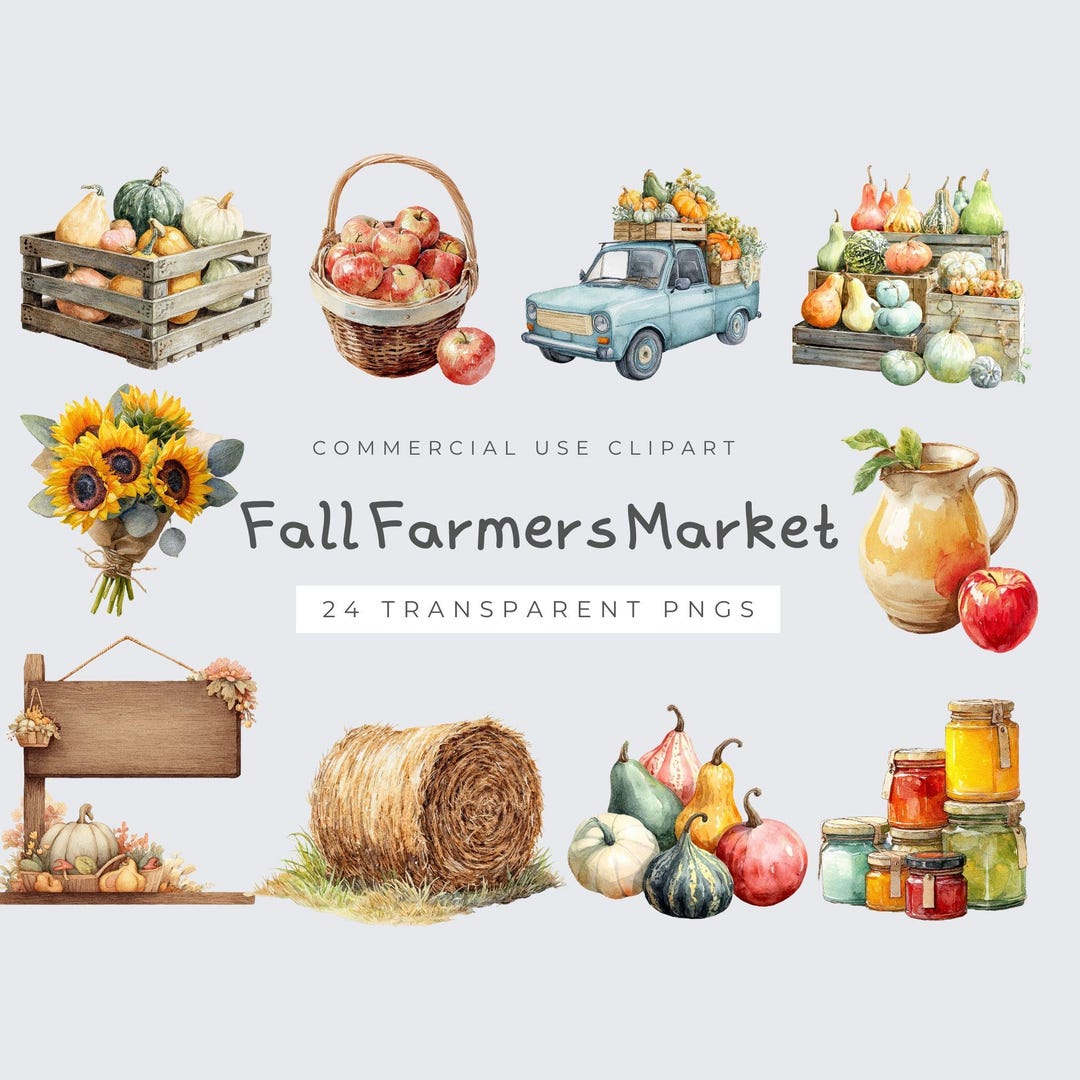 Watercolor Farmers Market PNG, Autumn, Fall, Clipart for Digital ...