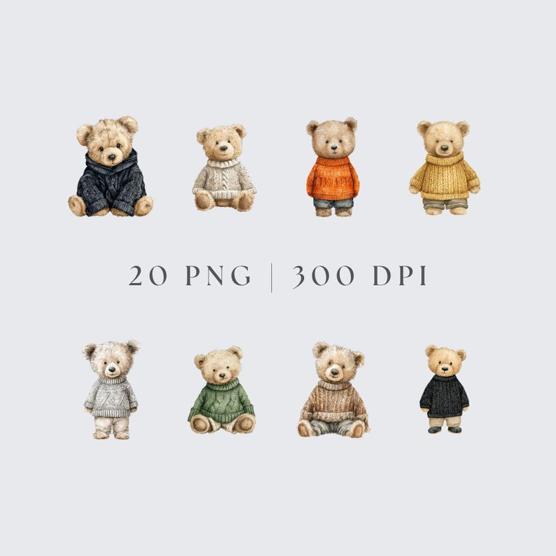 Teddy Bear in Sweater Clipart, Cute Winter Bear PNG, Digital Download ...
