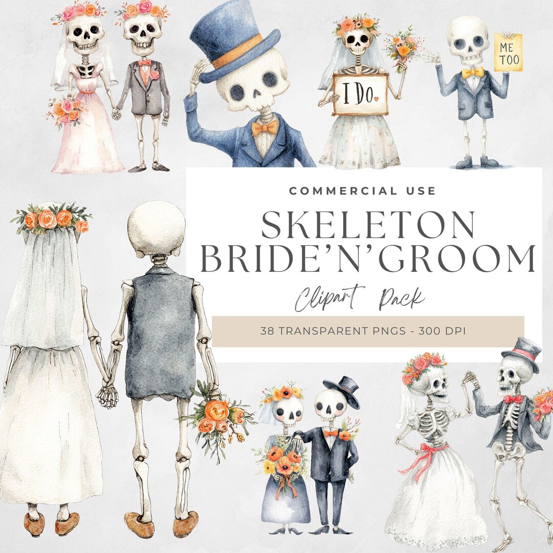 Skeleton Bride and Groom Clipart, Gothic Wedding Art, Halloween Couple ...