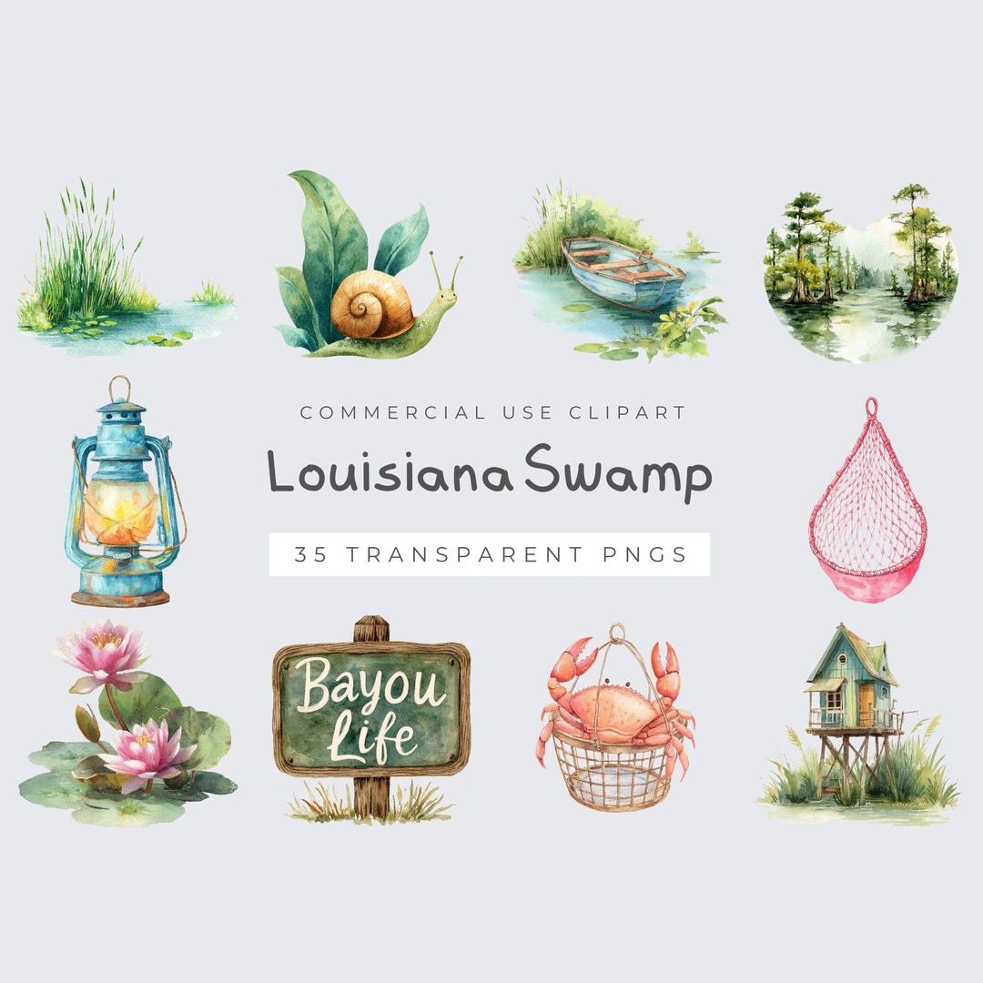Louisiana Swamp Clipart, Watercolor Cajun Nature Art, Digital Download ...