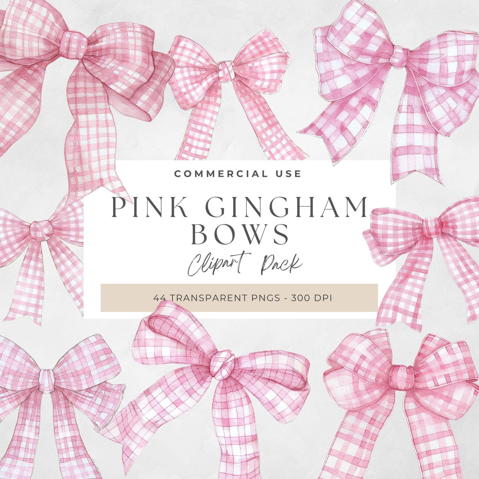 Pink Gingham Bow Clipart, Gingham Bow Clipart, Watercolor Bows, Digital ...