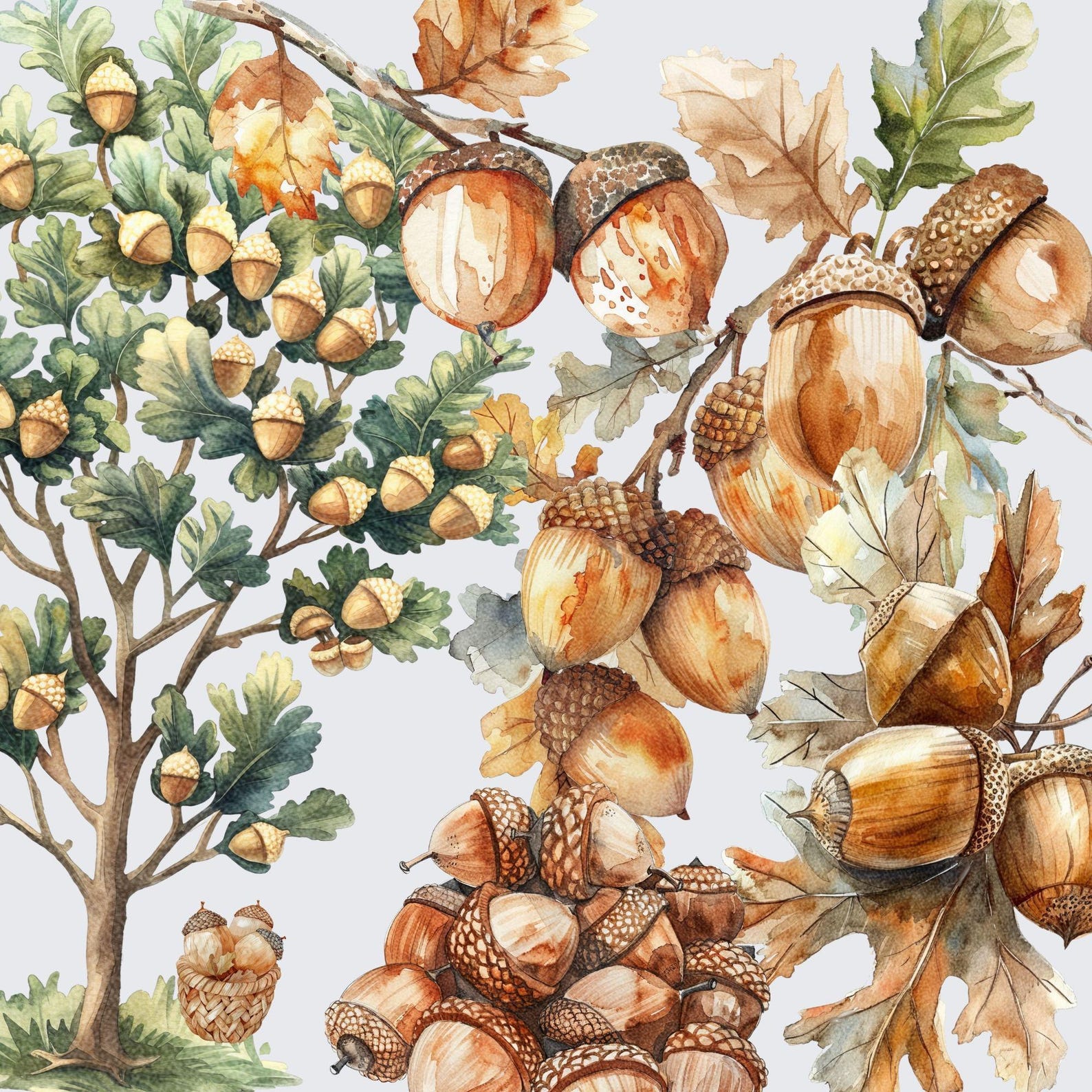 Vintage Botanical, Acorns Clipart Bundle, Watercolor Oak Leaf, Fall ...