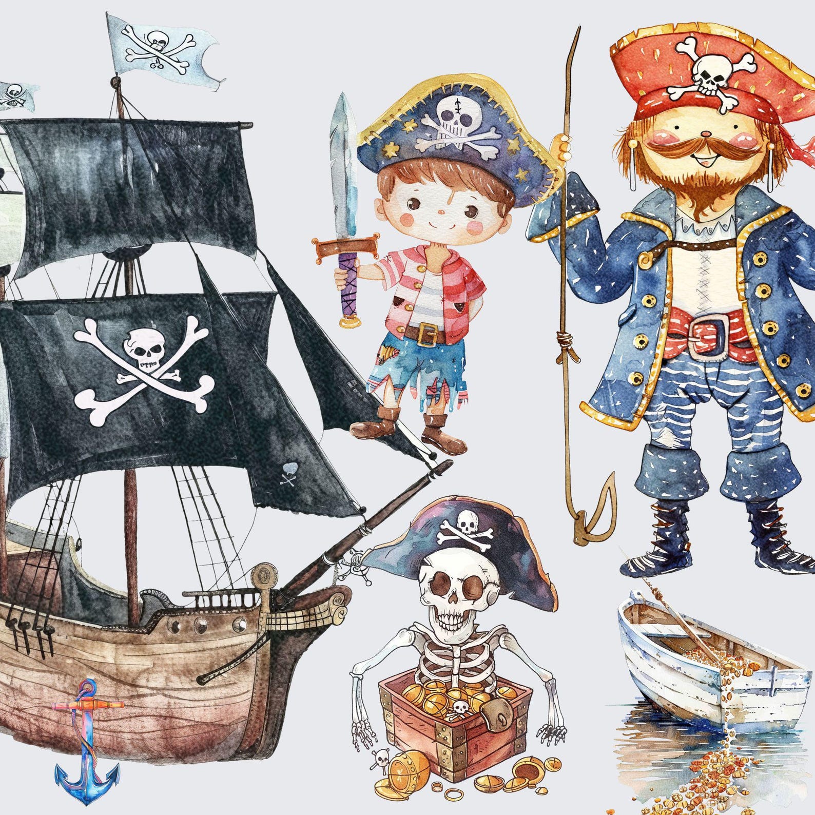 Pirate Flag Png, Pirate Clipart Bundle, Skull and Crossbones, Treasure ...