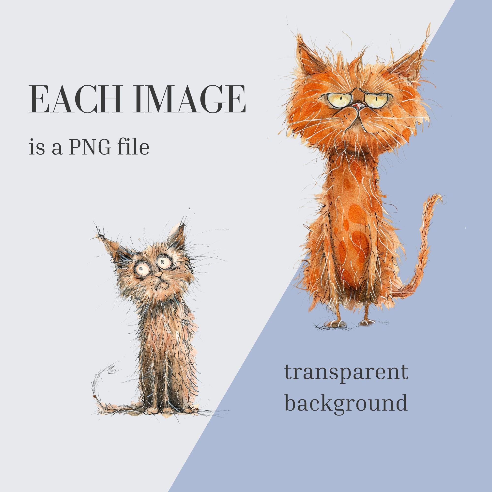 Frazzled Cat Clipart, Quirky Watercolor Illustrations for Scrapbooking ...