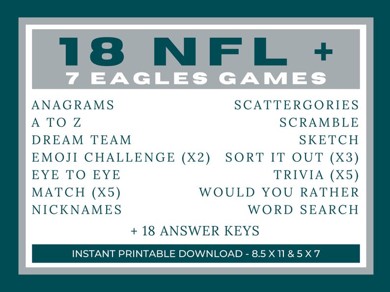 Eagles Printable Party Games Bundle, Football Trivia, NFL Team Word ...