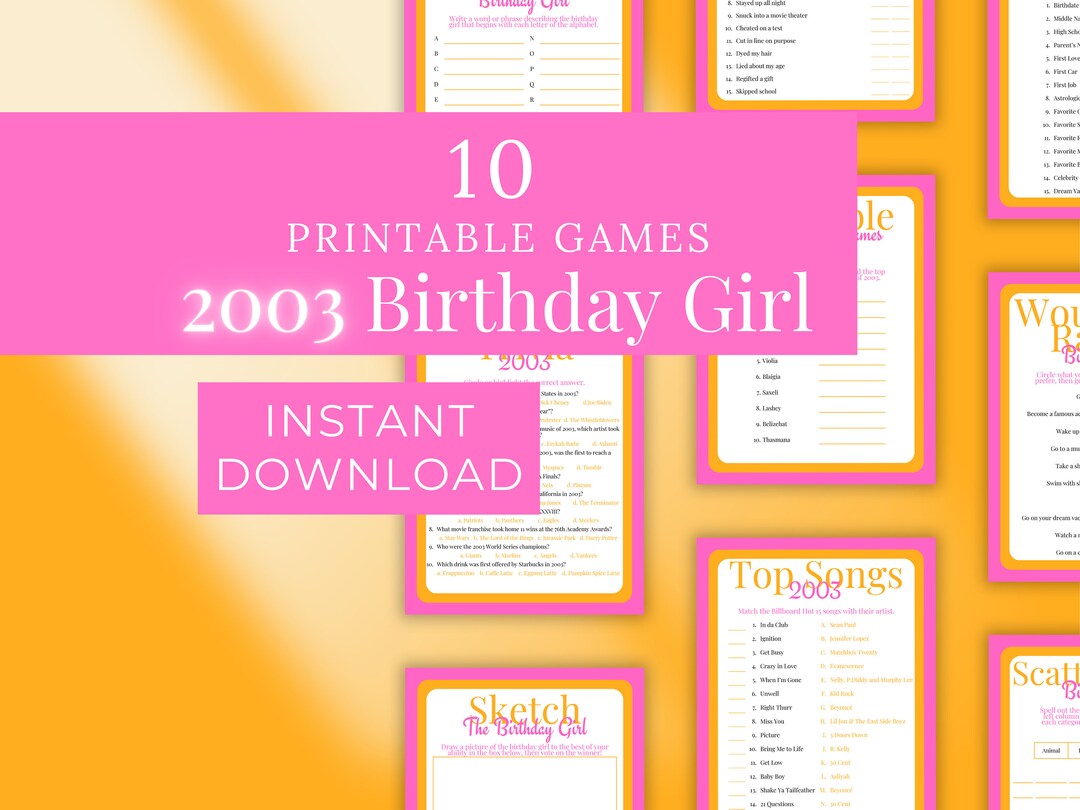 23rd Birthday Printable Party Game Bundle, Birthday Girl Gift, 2003 ...