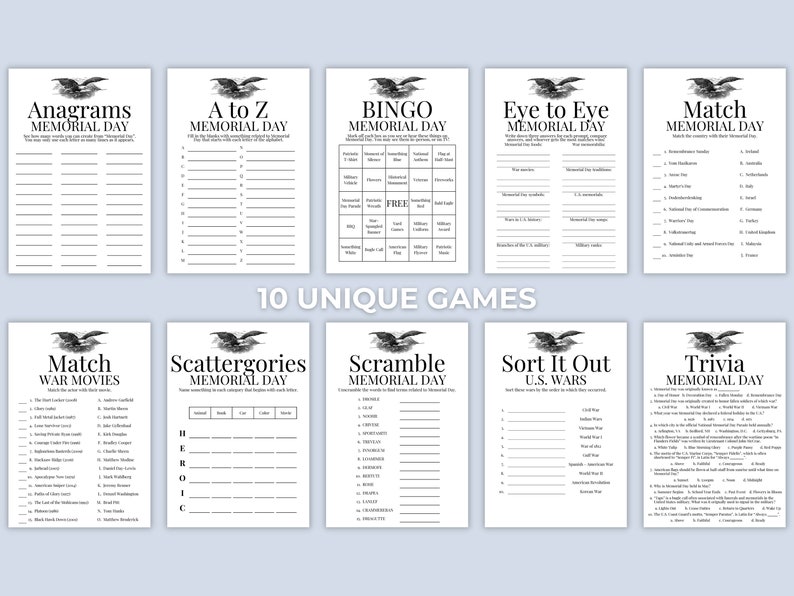 Memorial Day Printable Party Games Bundle, Trivia, Matching Games ...