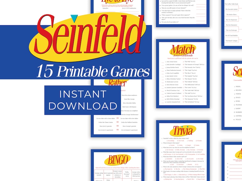 Seinfeld Printable Party Games Bundle, Trivia, Pictionary, Would You ...