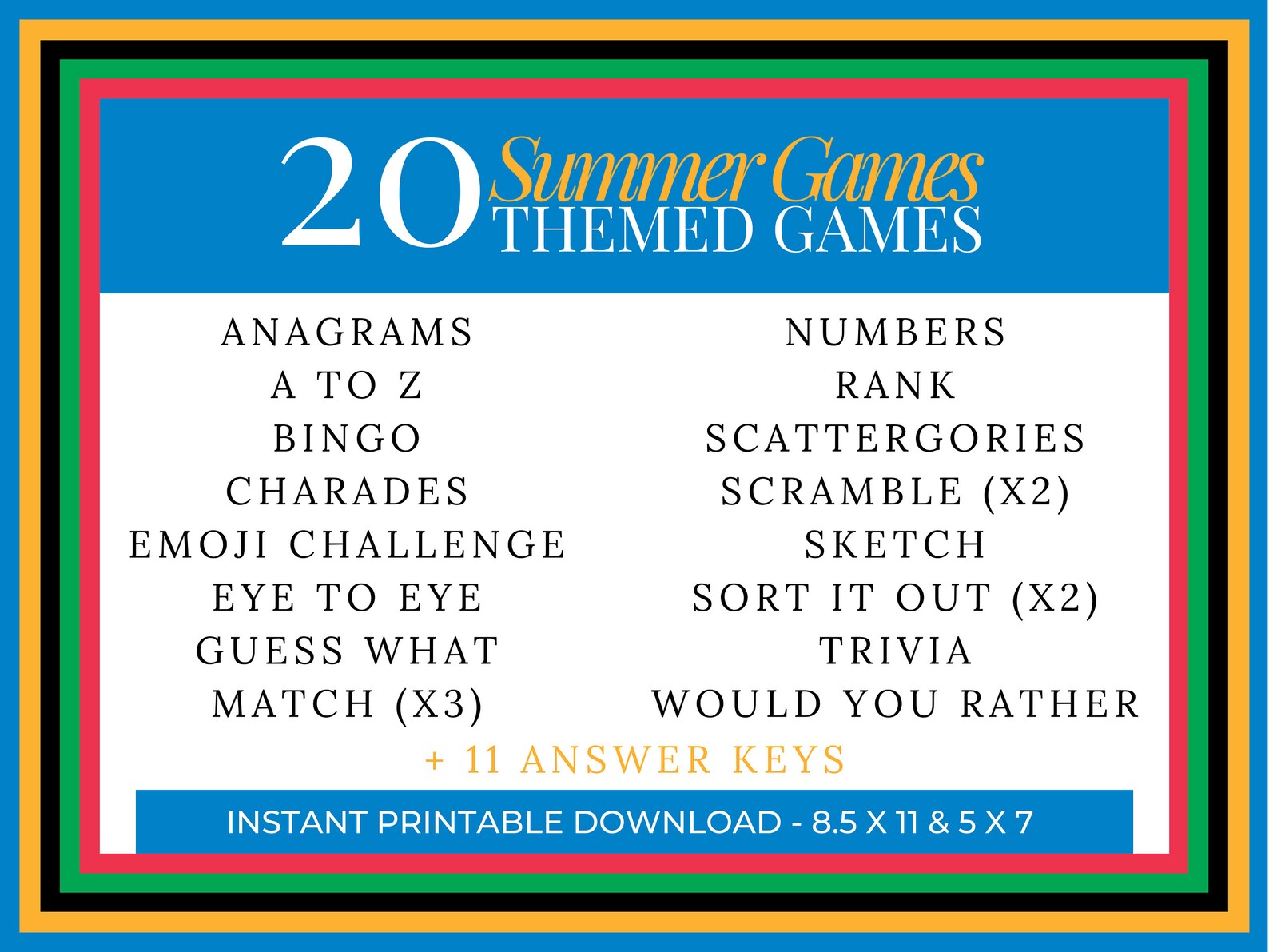 Summer Games Printable Party Games Bundle, Summer Games Trivia, Sports ...