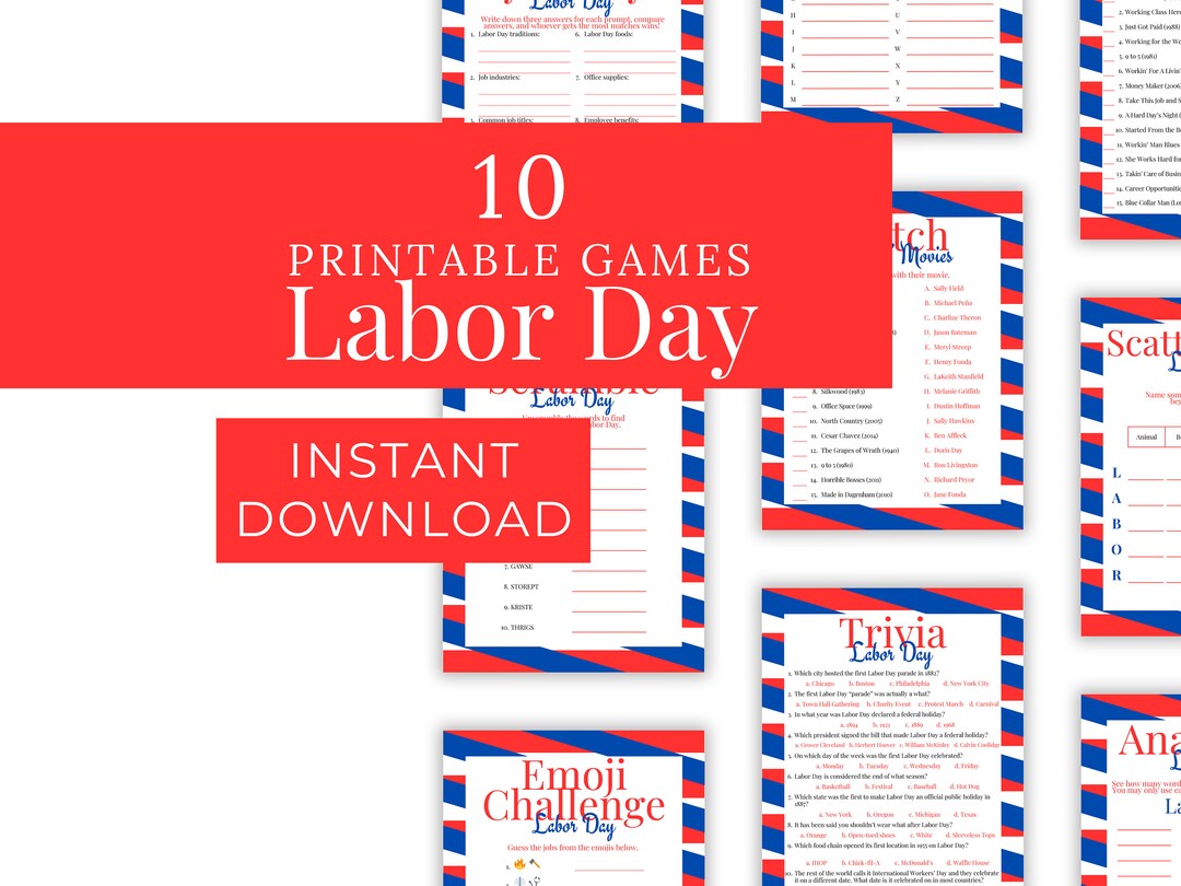 Labor Day Printable Party Games Bundle, Trivia, Matching Games, Emoji ...