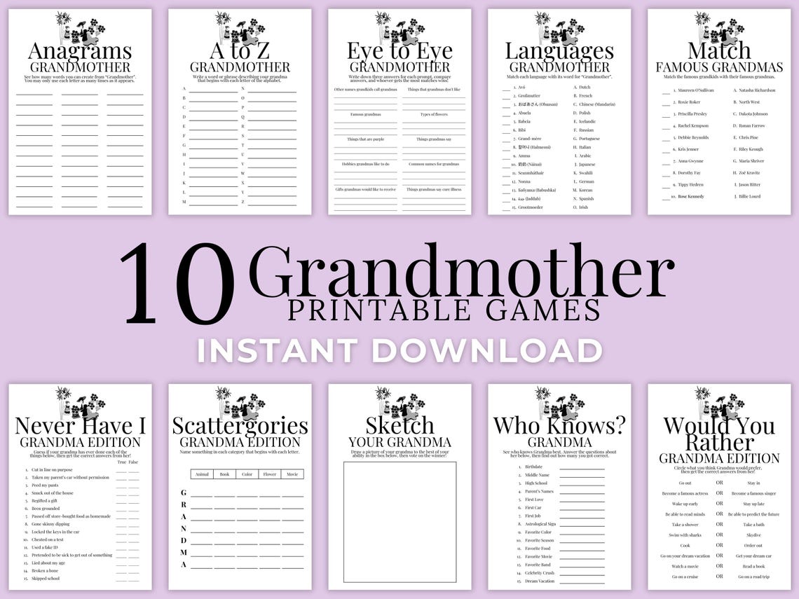 Grandma Printable Party Game Bundle, Grandmother Gift, Grandma Would ...