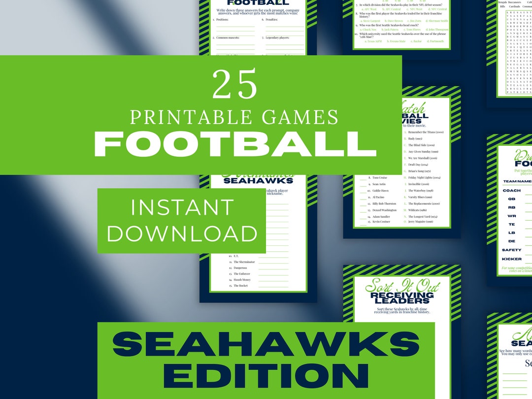 Seahawks Printable Party Games Bundle, Football Trivia, NFL Team Word ...
