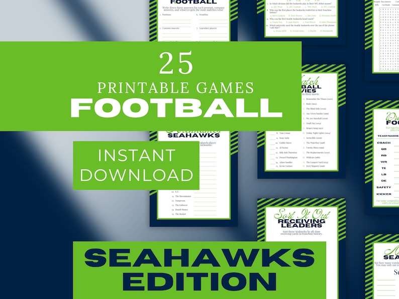 Seahawks Printable Party Games Bundle, Football Trivia, NFL Team Word ...