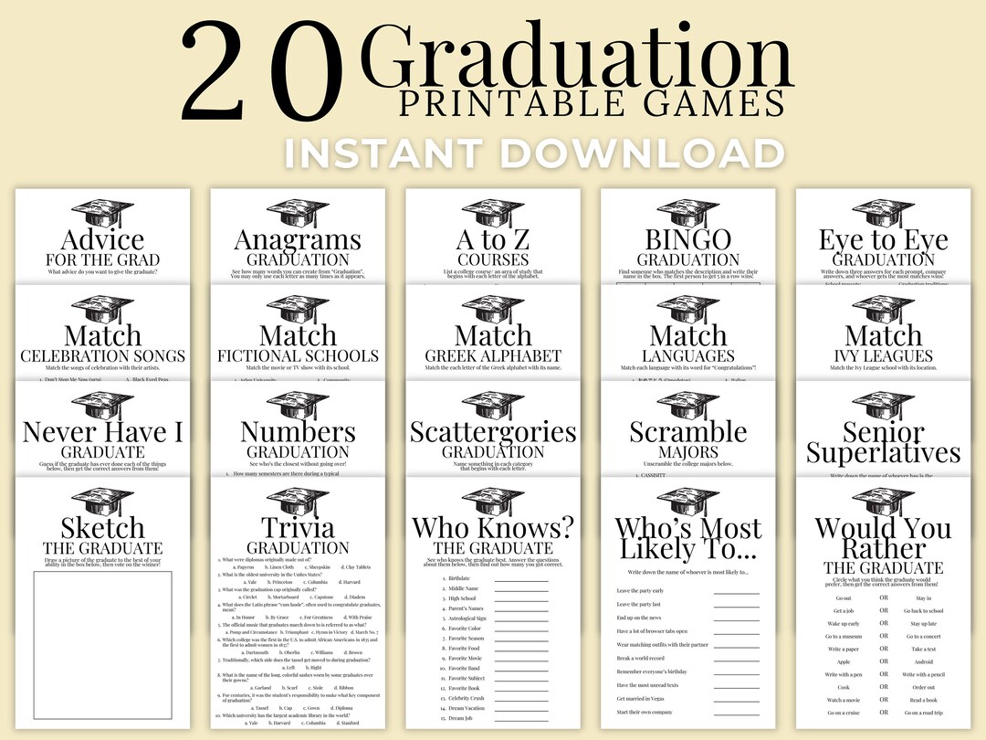 Graduation Printable Party Games Bundle, Trivia, Matching Games, Bingo ...